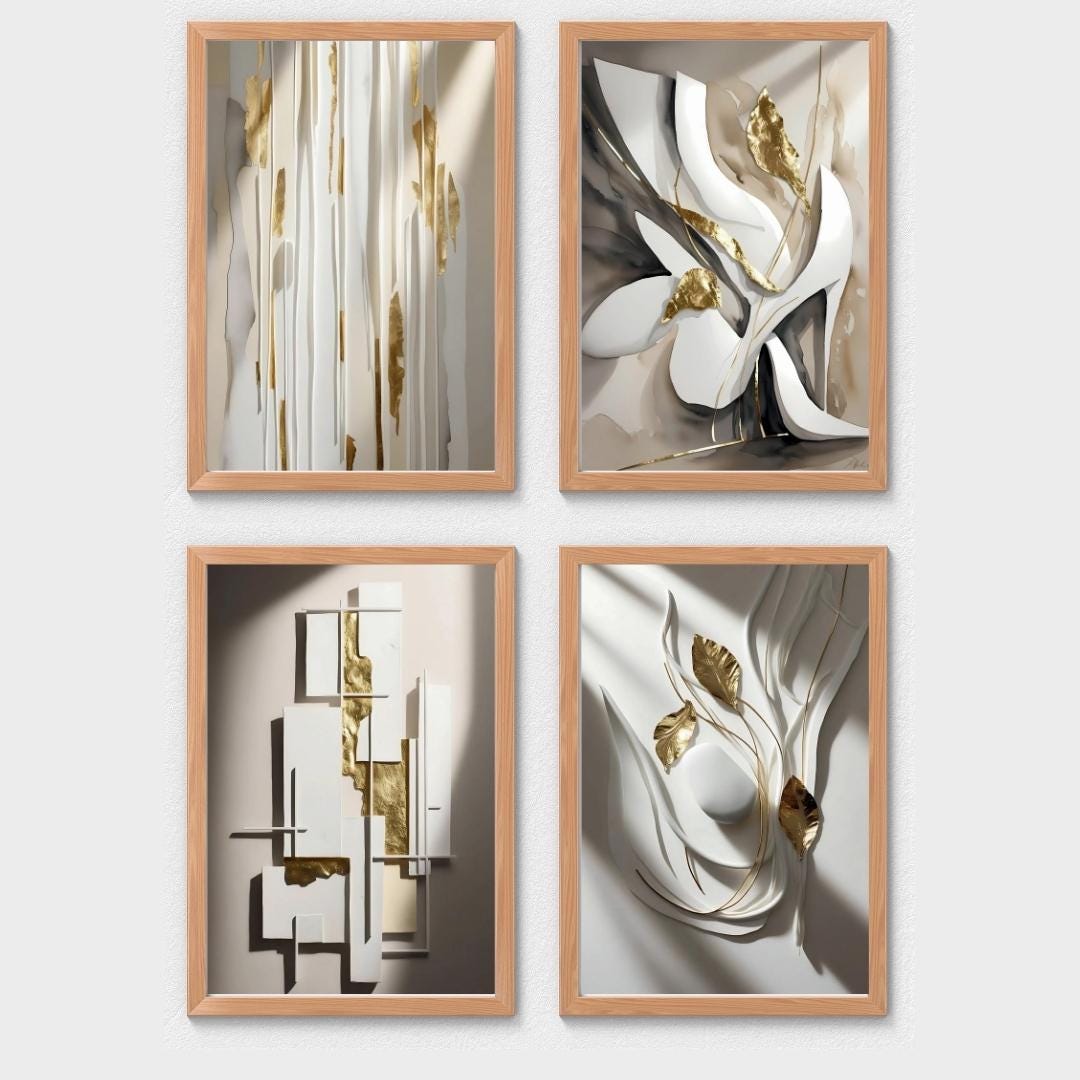Luxury Gold Abstract Wall Art Set of 4, White Minimalist Prints, Modern ...