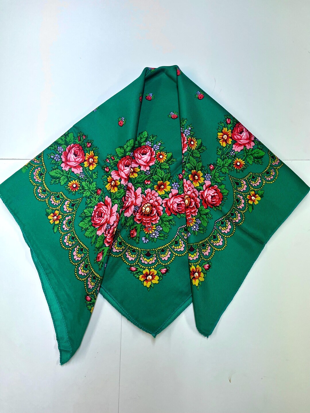 Green Floral Headscarf, Old World Eastern European Design, Polyester ...