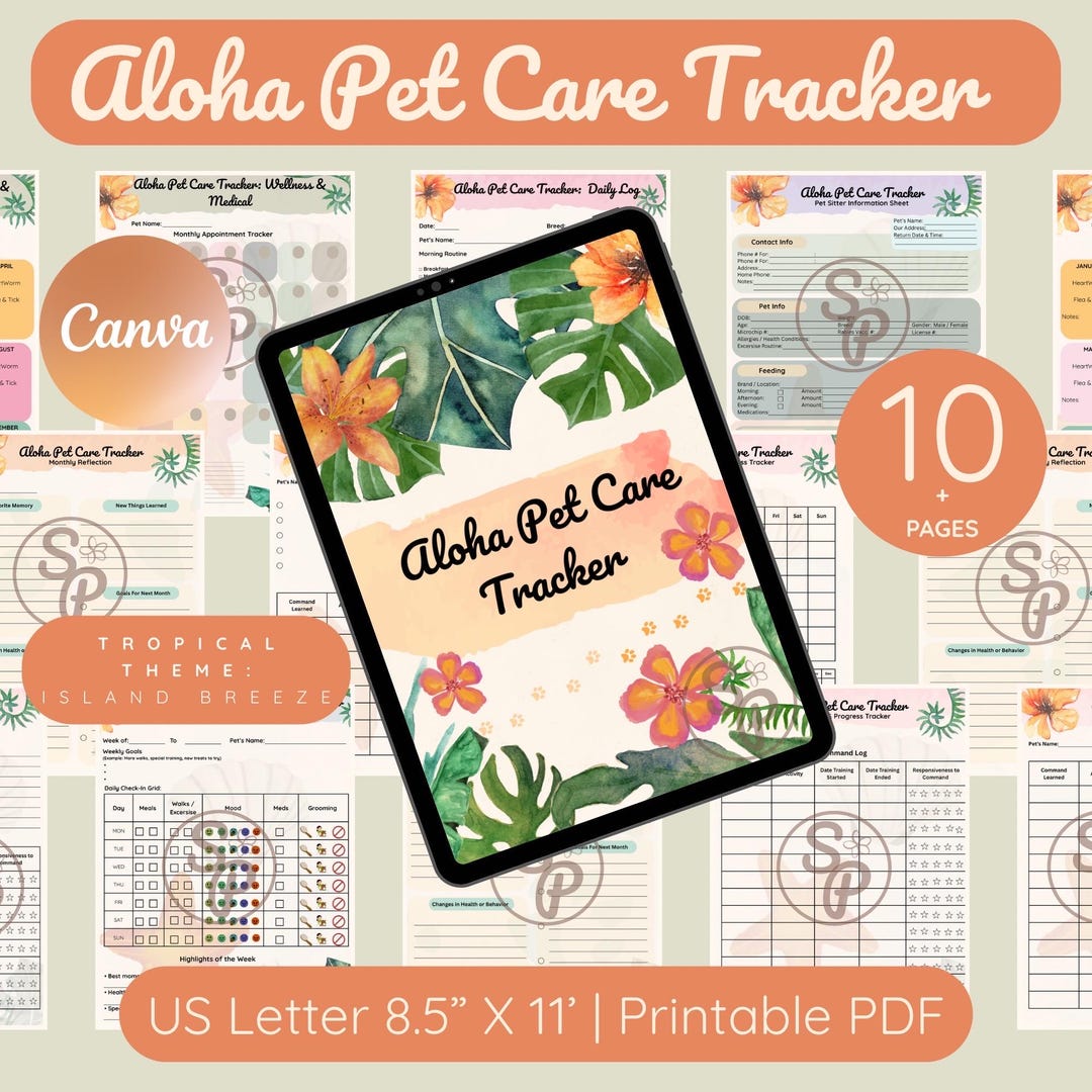 Pet Health Tracker Printable | Tropical Wellness Log for Dogs and Cats ...