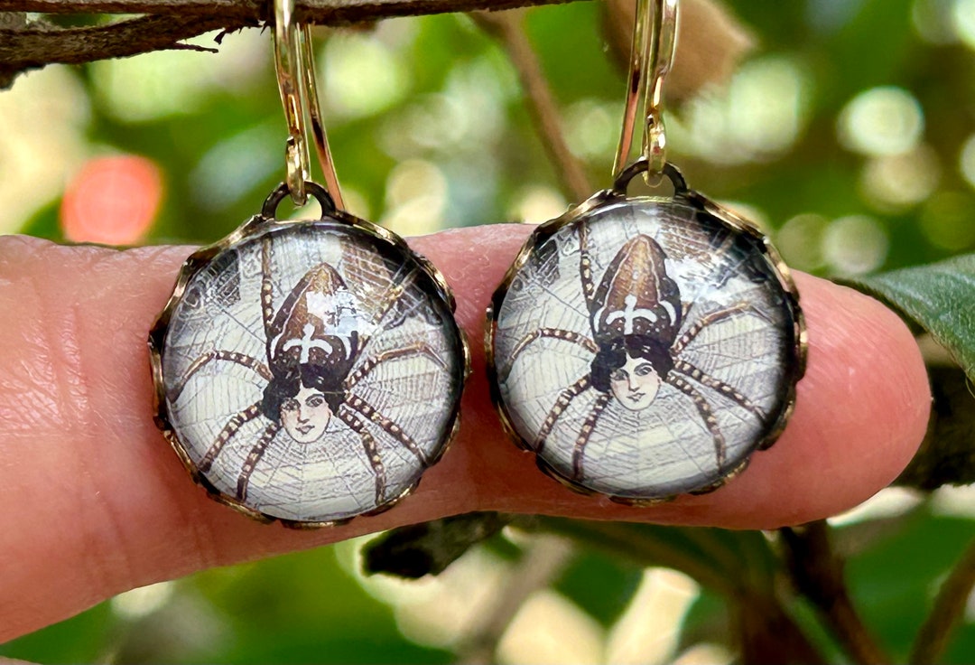 Handmade Medieval Spider Lady Earrings: Vintage Portrait, Gold Dangle ...