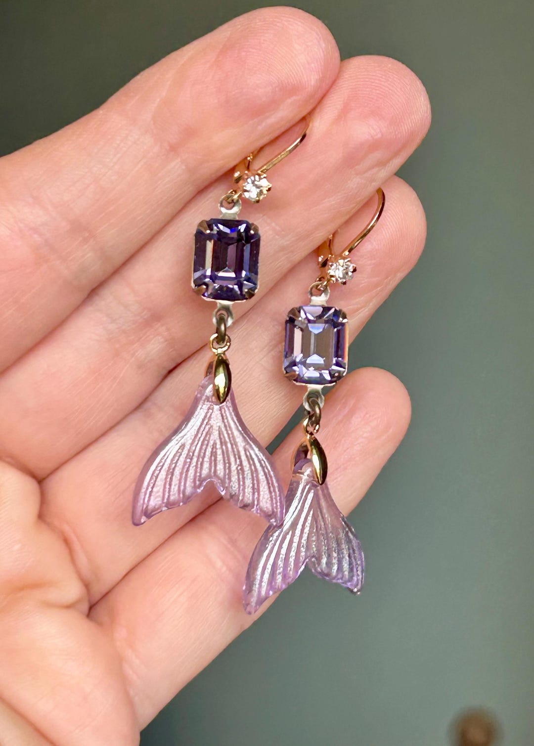 Mermaid Tail Crystal Leverback Earrings: Tanzanite Swarovski, Antique ...
