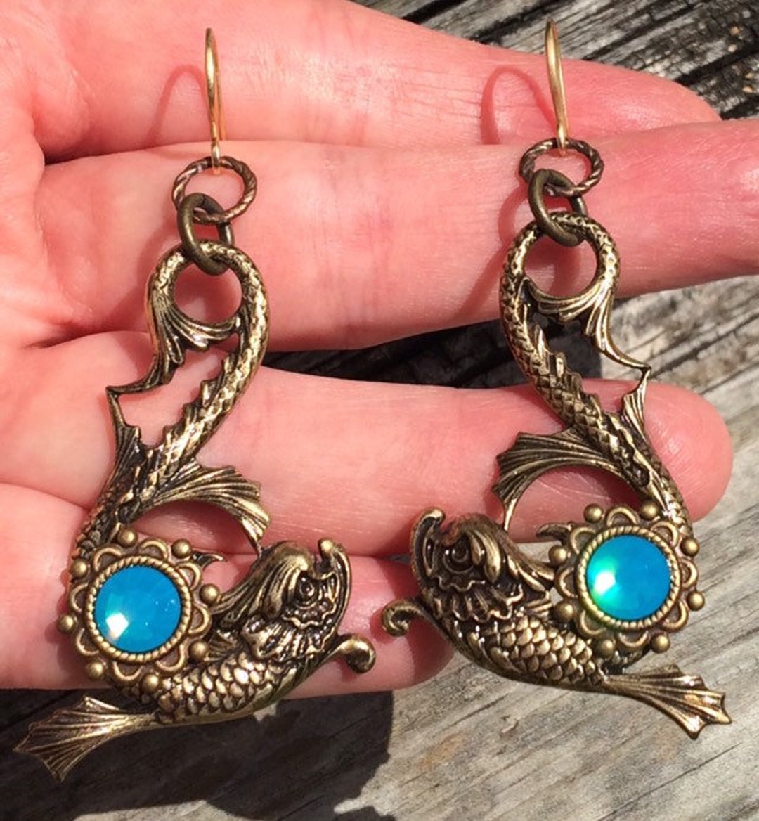 Neo Victorian Dolphin Fish Antique Gold Earrings, Caribbean Blue Opal ...