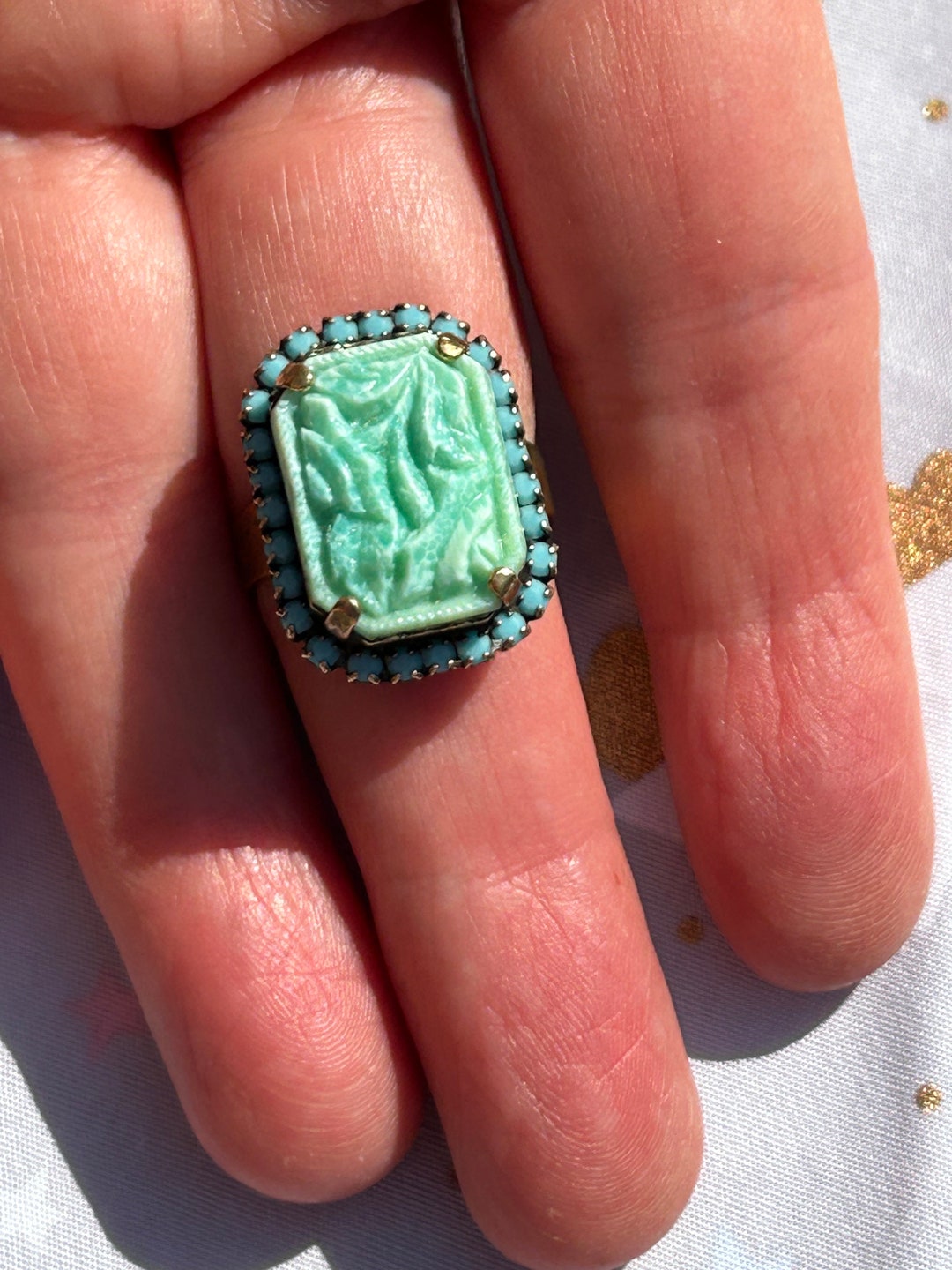 Vintage Peking Mottled Green Ring, Rhinestone Turquoise Crystal ...
