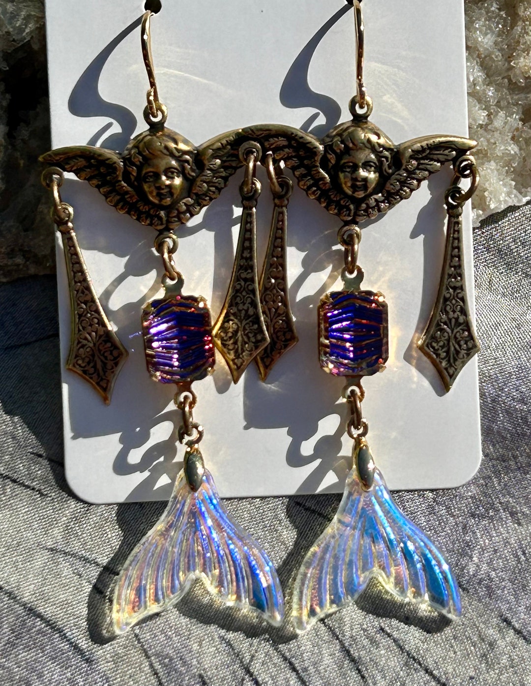 Antique Gold Mermaid Winged Angel Chandelier Earrings Vitrail Bermuda ...