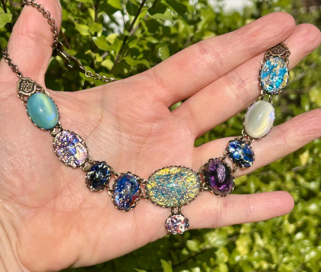 Victorian Revival Harlequin Opal Glass Necklace, Czech Glass Jewelry ...