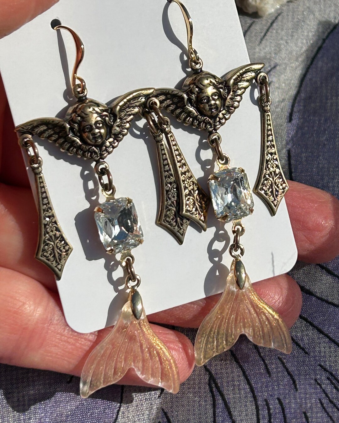 Handmade Gold Mermaid Tail Winged Angel Chandelier Earrings Clear ...