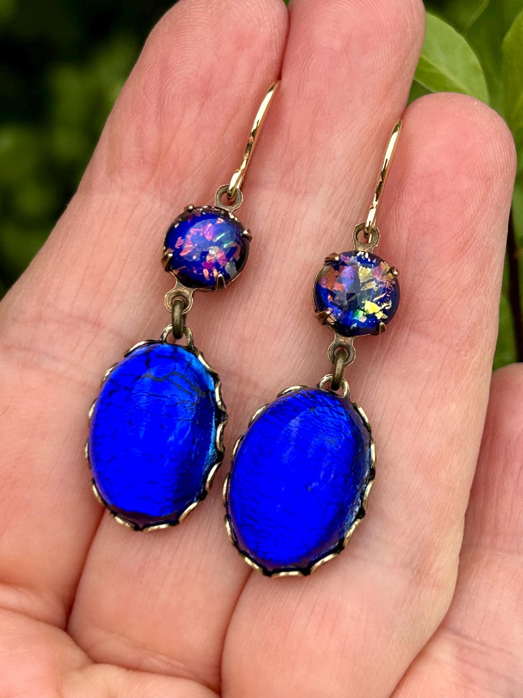 Vintage Electric Blue Opal Earrings, Double Dangle Drops, Antique Brass Jewelry, 1960s, Japan ...