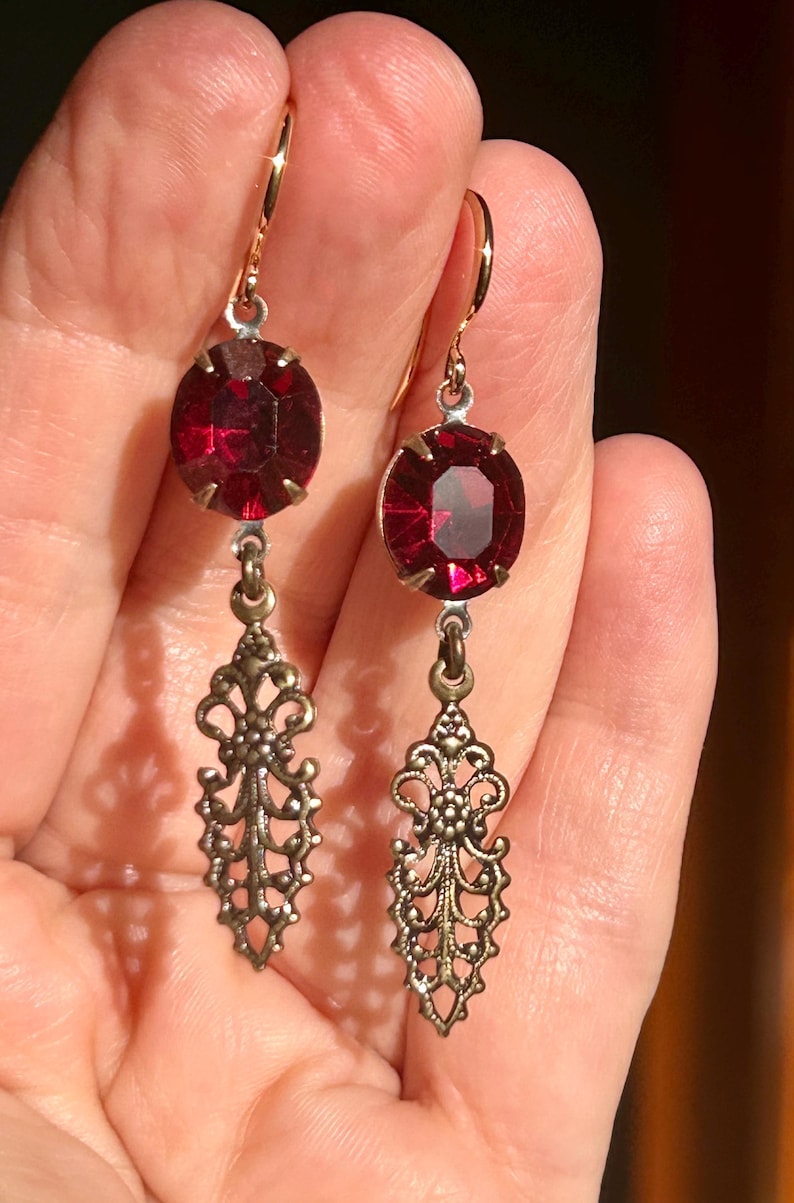 Ruby Red Swarovski Crystal Filigree Dangle Earrings, Victorian Boho ...