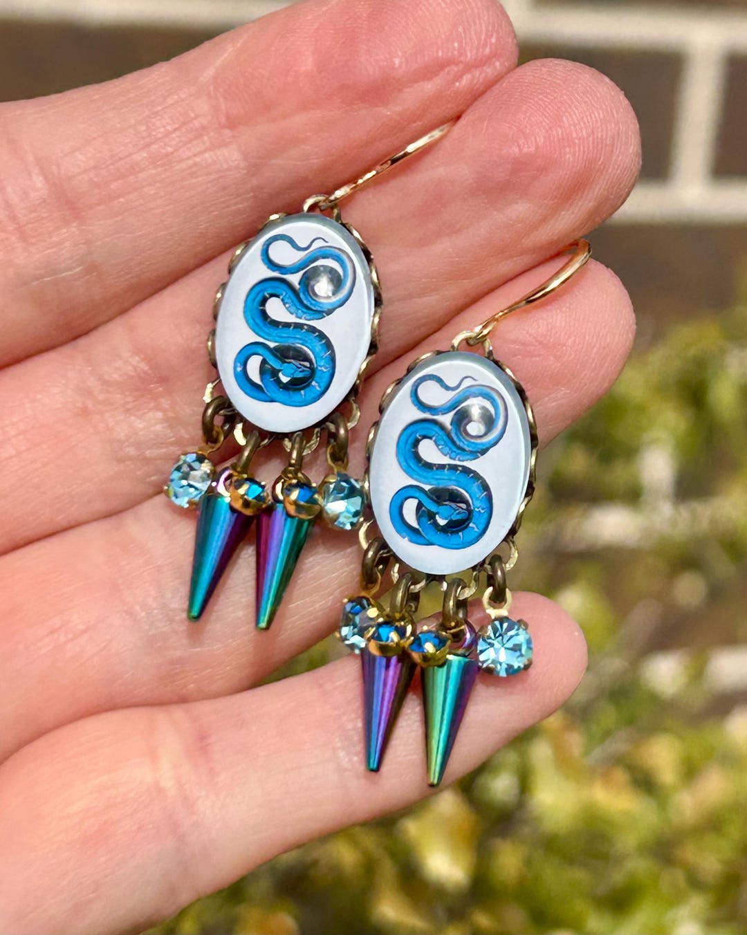 Blue Snake Glass Earrings, Antique Brass, Crystal Charms, Made With ...