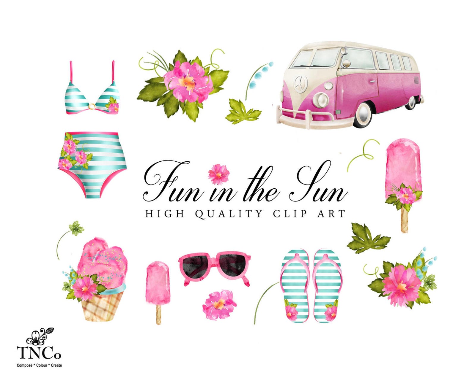 Camper Van Clipart - Tropical Clip Art - Digital Clip Art - Watercolor ...