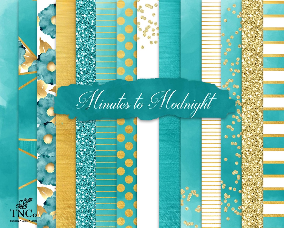 Digital Paper, Teal and Gold Scrapbook Paper, Watercolor Digital Paper ...