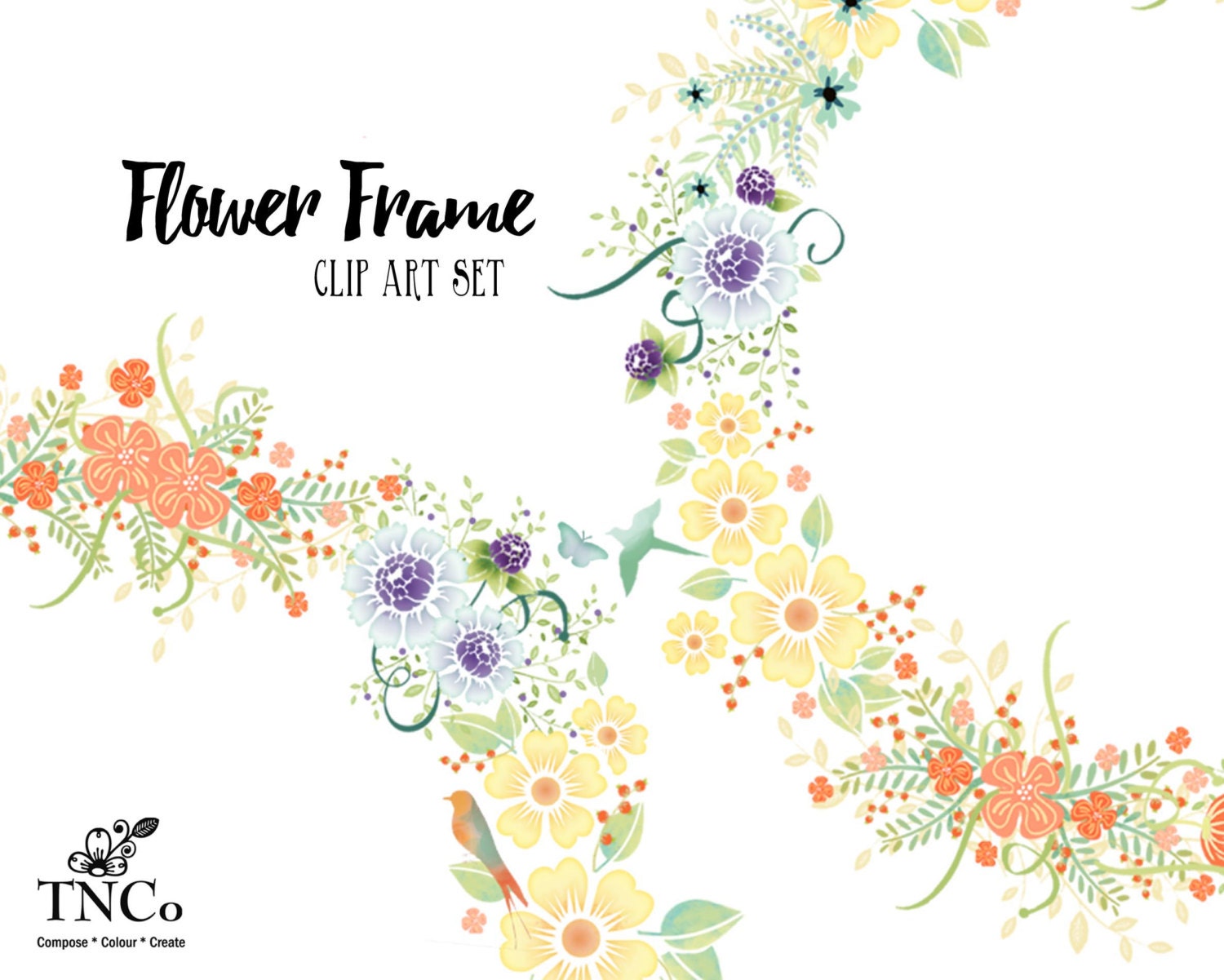 Flower Frame Clipart, Floral Digital Frame, Botanical Art Print ...