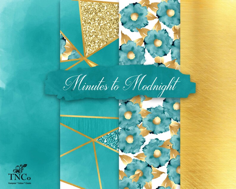 Digital Paper Teal and Gold Scrapbook Paper Watercolor | Etsy