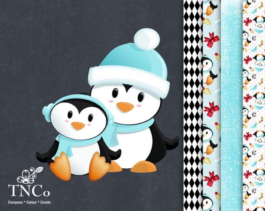 Penguin Christmas Clipart and Paper Set, Children Illustration ...