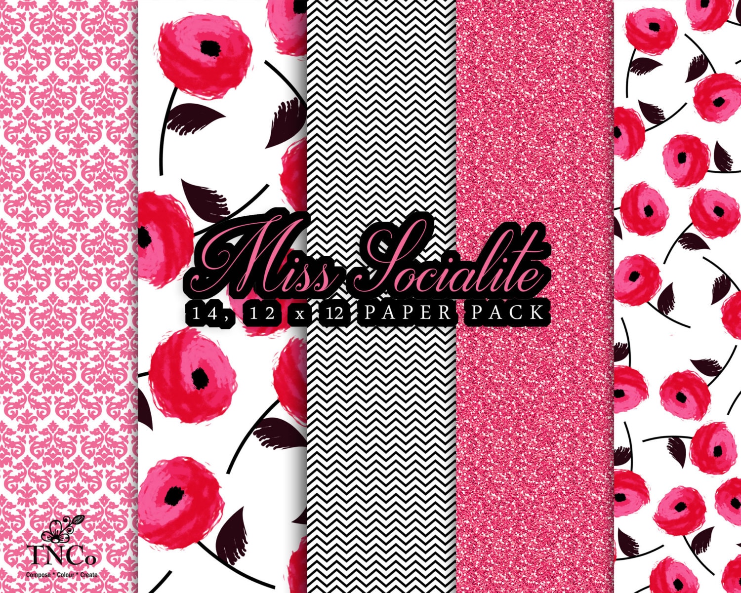 Floral Digital Paper - Chevron Paper - Pink Digital Paper - Digital ...