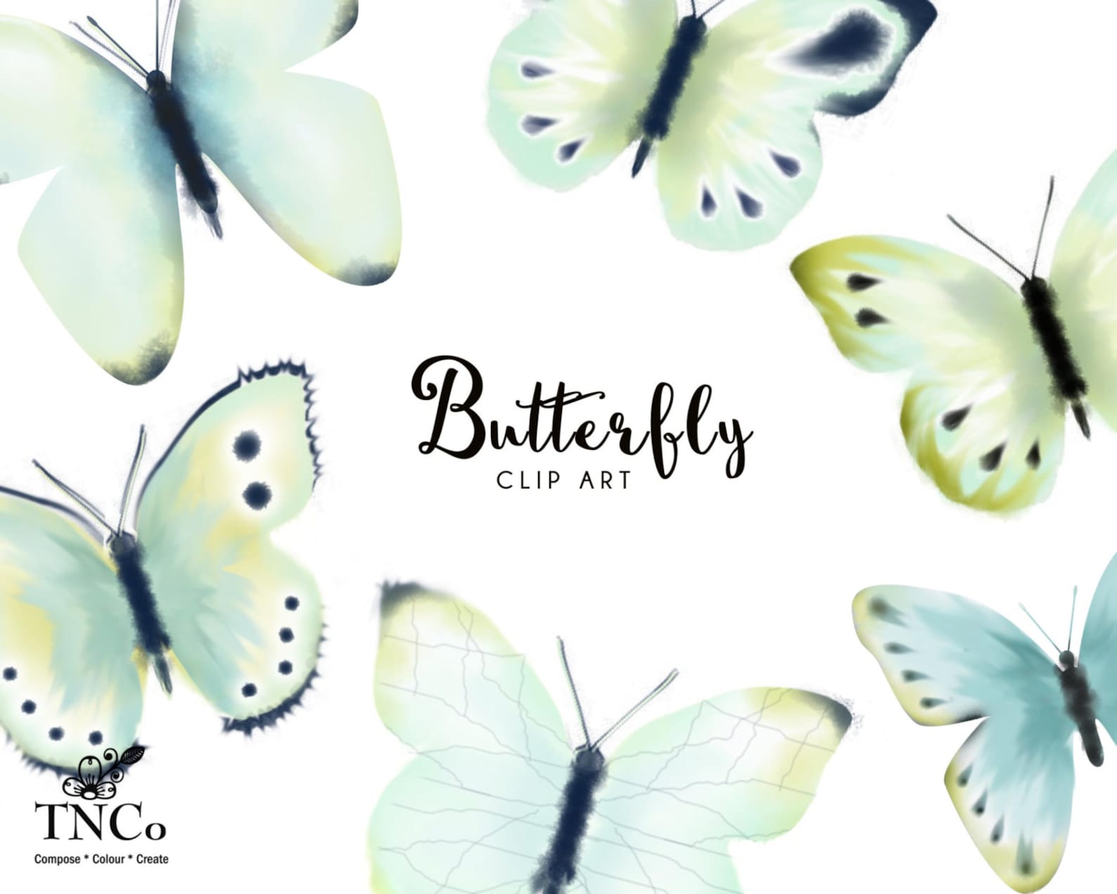 Watercolor Butterflies - Butterfly Clipart - Blue Butterflies - Green ...