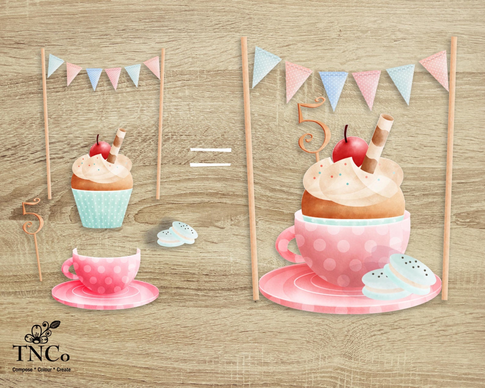 Watercolor Clip Art - Teacup Clip Art - Watercolour Cupcakes - Bunting ...