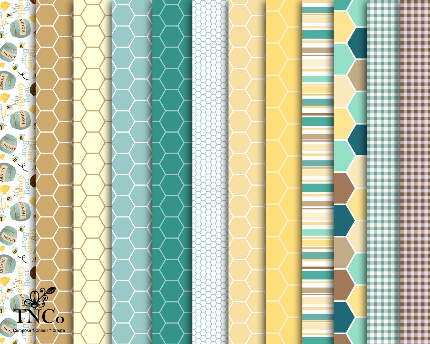 Honeycomb Digital Papers Printable Blue and Yellow Papers | Etsy