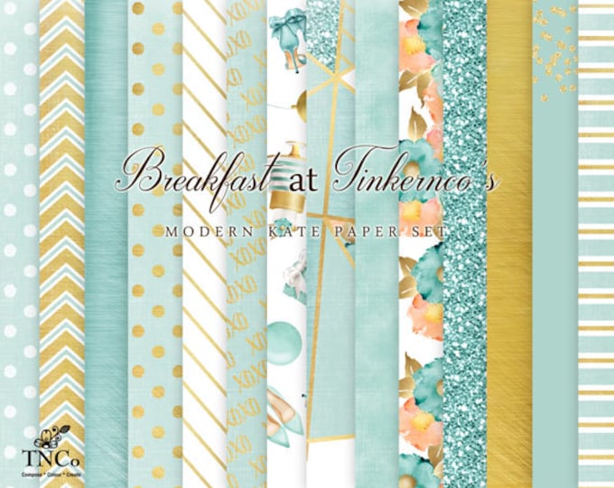 Mint and Gold Digital Papers Digital Scrapbook Papers - Etsy