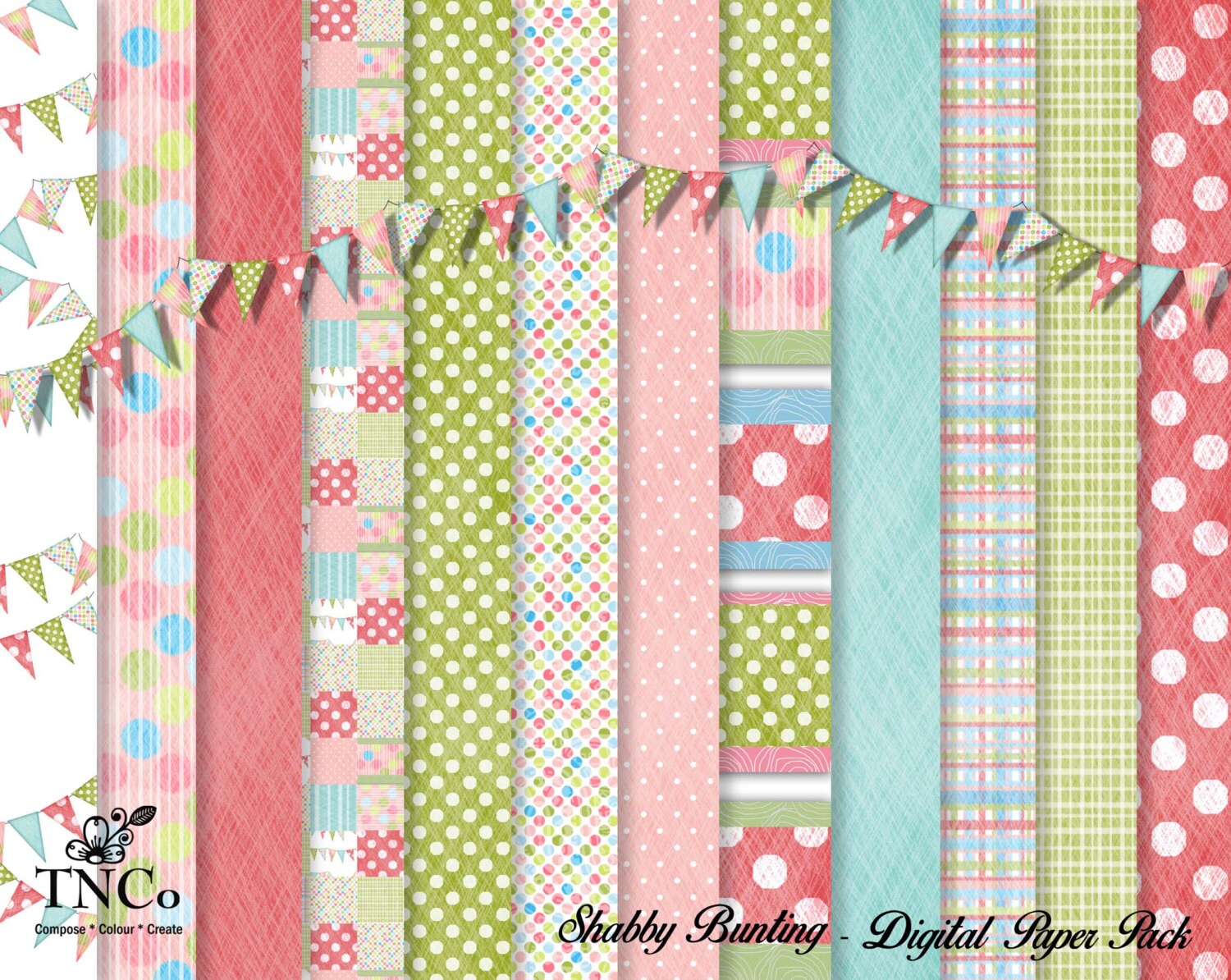 Bunting Digital Papers, Printable Bunting, Pink Bunting Clipart for ...