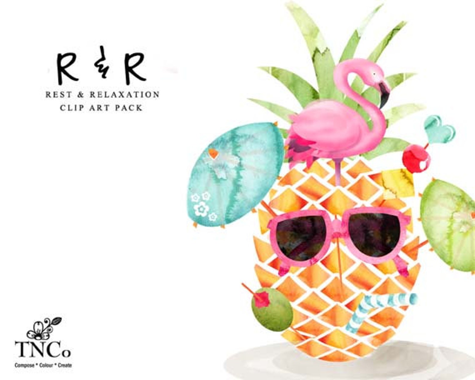 Pineapple Clip Art - Flamingo Digital Download - Tropical Watercolour ...