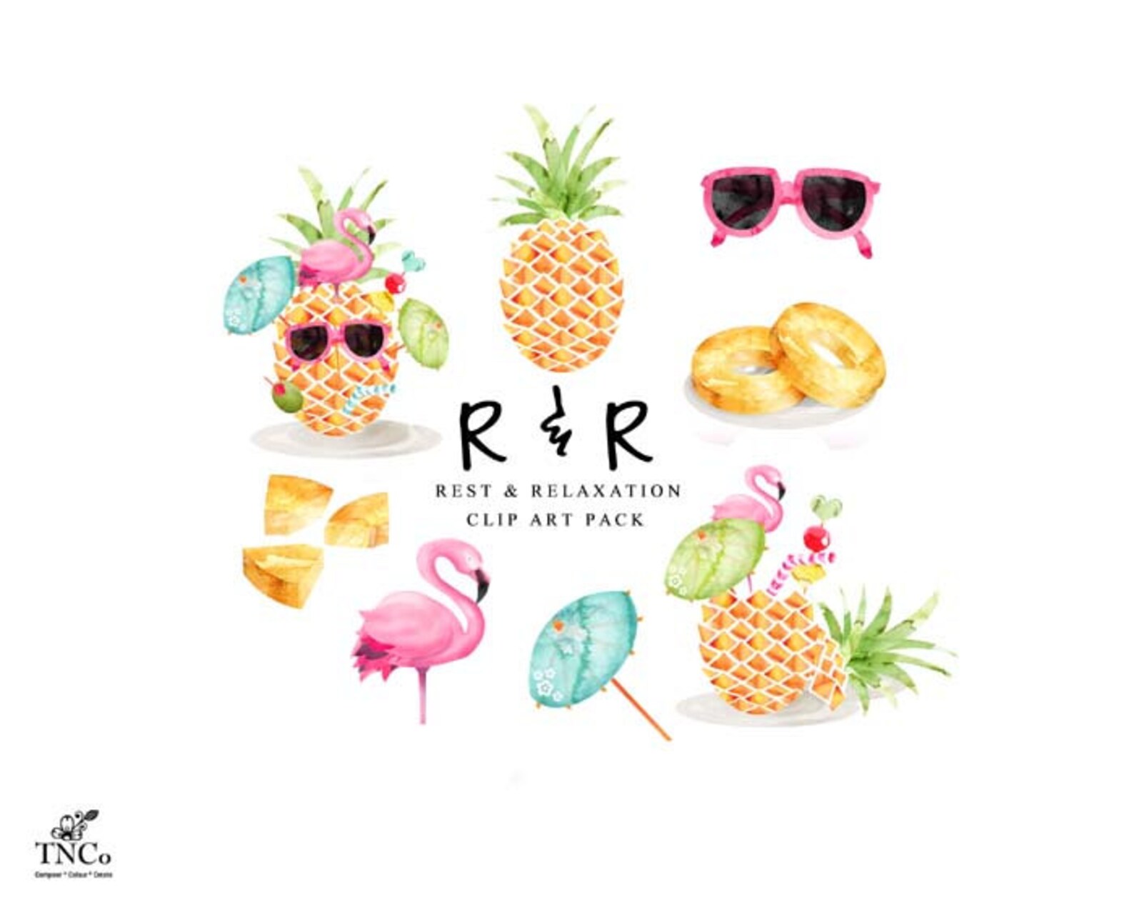 Pineapple Clip Art - Flamingo Digital Download - Tropical Watercolour ...