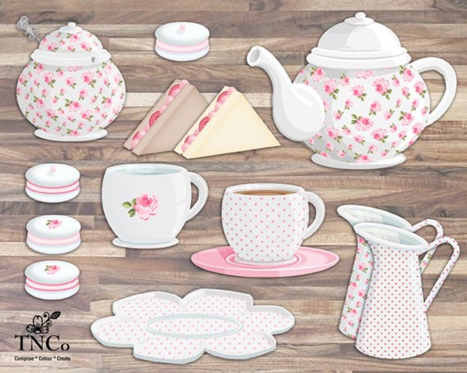 Teapot Clip Art Rose Tea Set Tea Cup Clipart Polka Dot - Etsy