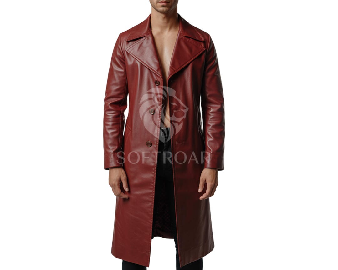Men's Maroon Leather Trench Coat – Long Overcoat for Stylish Winter ...