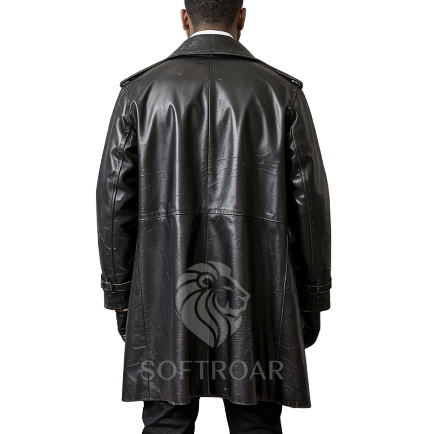 Men's Black Genuine Leather Trench Style Long Jacket With Belted Cuffs ...