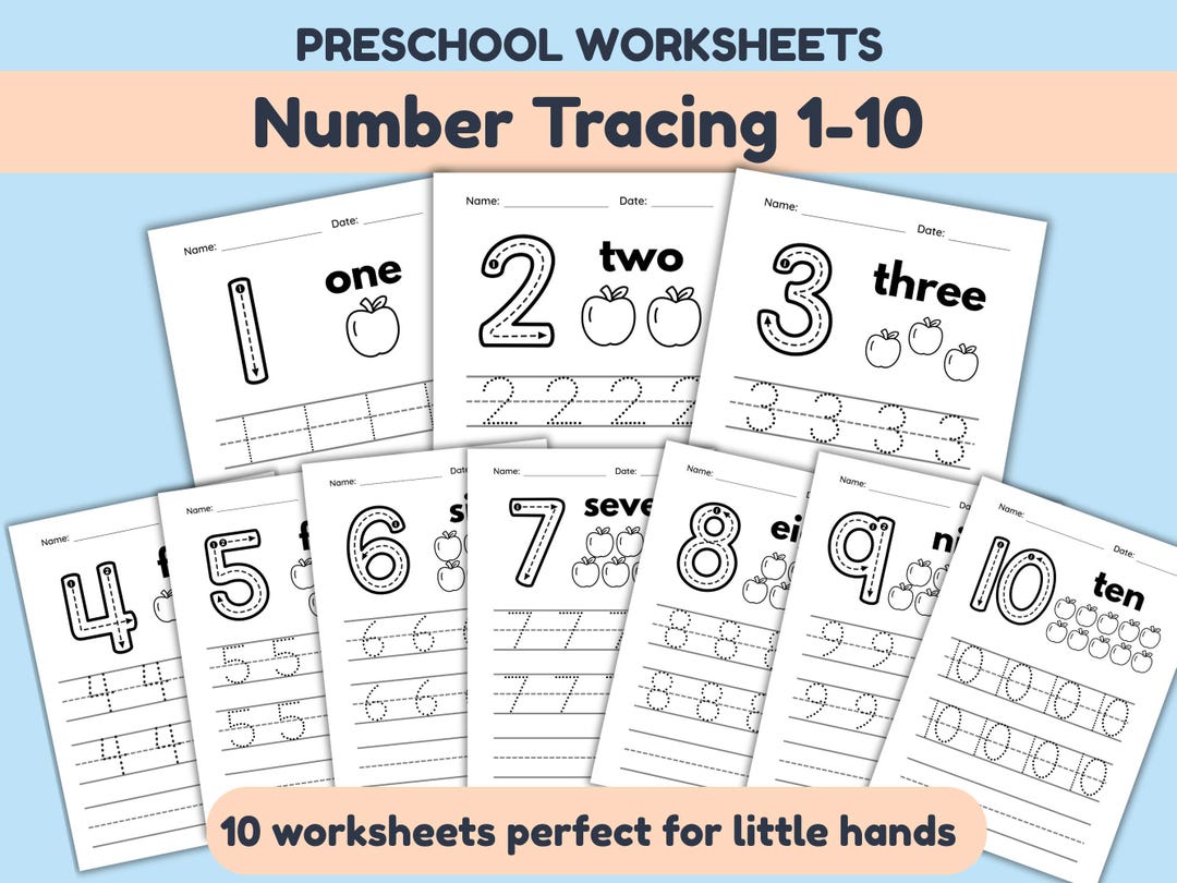 Number Tracing 1-10 Preschool Worksheets, Math Printable Kindergarten ...