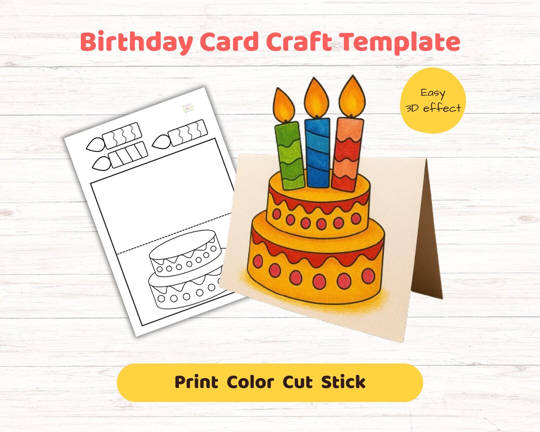 Printable Birthday Coloring Card for Kids 3D Cake Craft, Fun DIY Stand ...