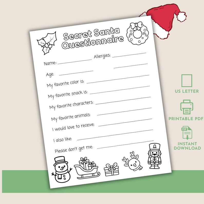Secret Santa Questionnaire Coloring Printable | Kids Christmas Gift ...