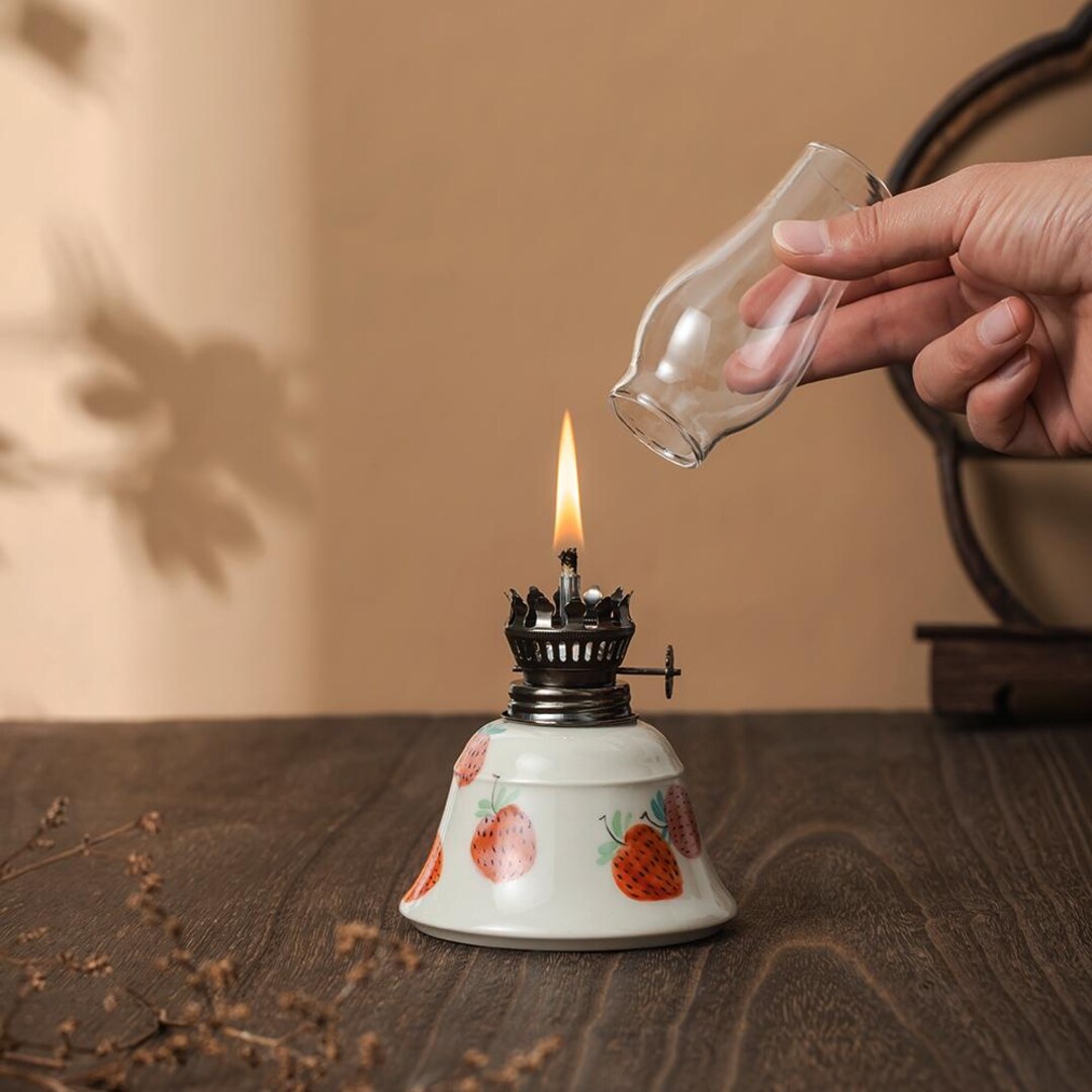 Hand Painted Strawberry Ceramic Oil Lamp With Glass Shade Cute Fruit ...