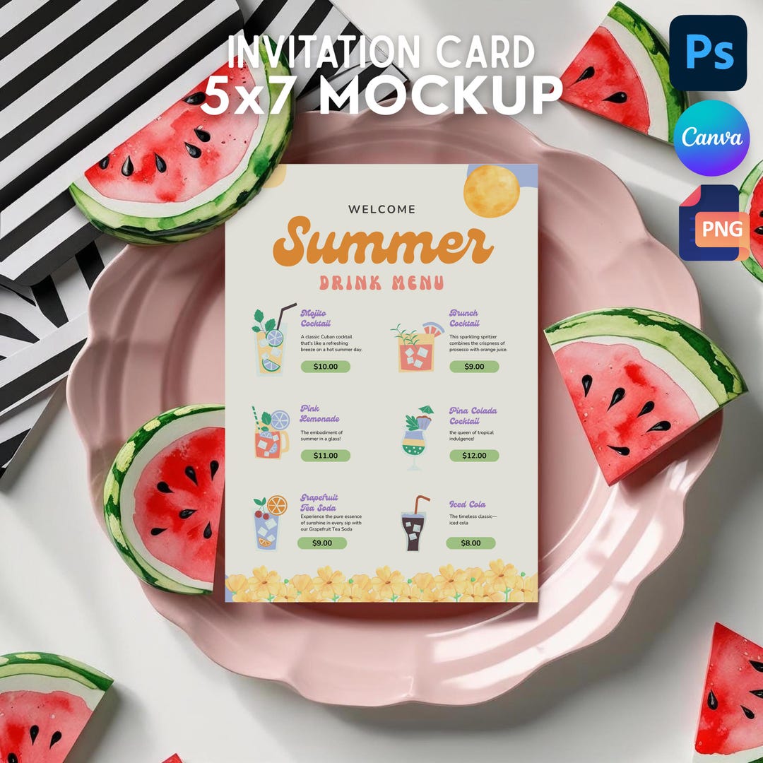 Watermelon Party Invitation Mockup: 5x7 Card Template (PSD, JPEG, PNG ...