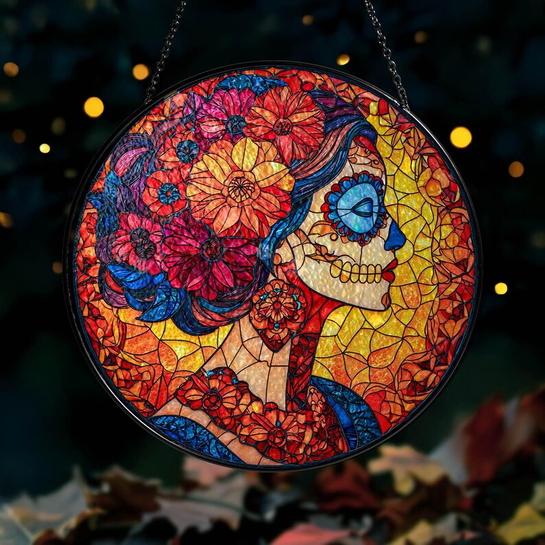 Floral La Catrina Suncatcher, Día De Muertos Stained Glass Window ...