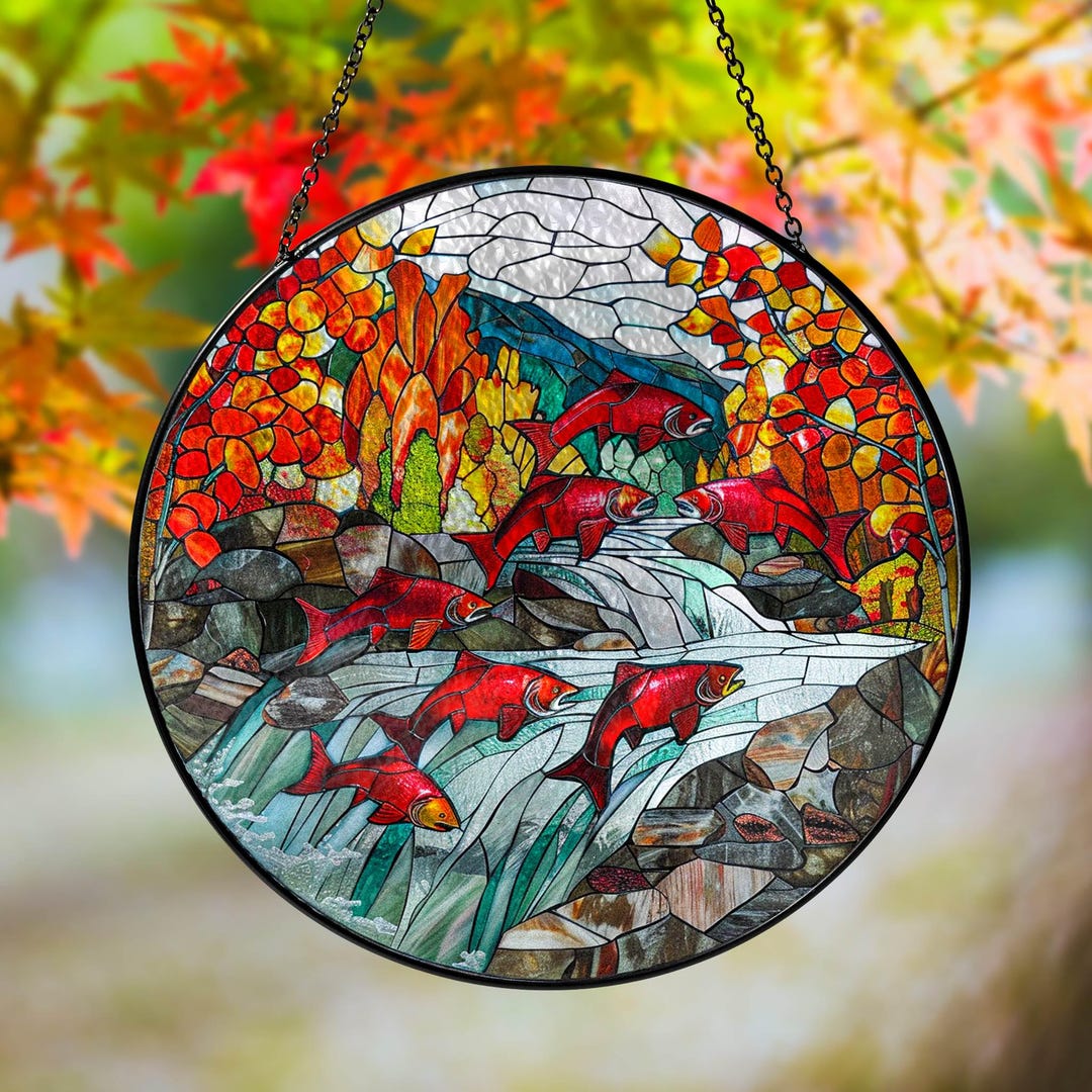 Stained Glass Salmon Run Suncatcher: Fisherman Gift, Alaska Cabin Decor ...