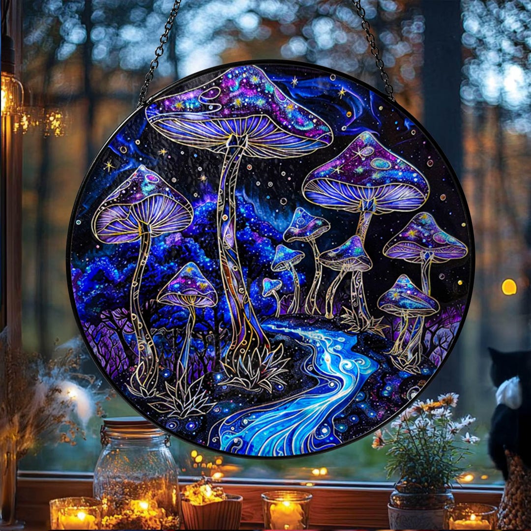 Celestial Mushroom Suncatcher: Stained Glass Galaxy Window Hanging - Etsy