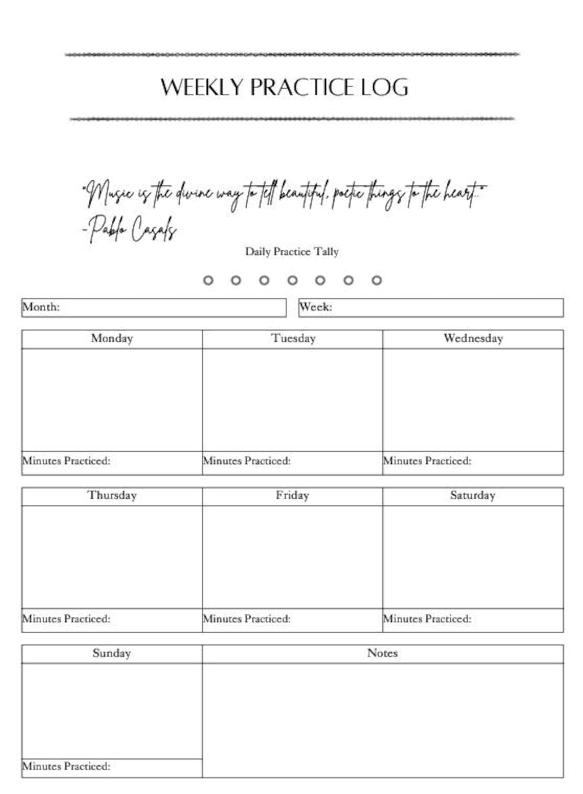 Musician Practice Diary Template (downloadable Pdf) - Etsy
