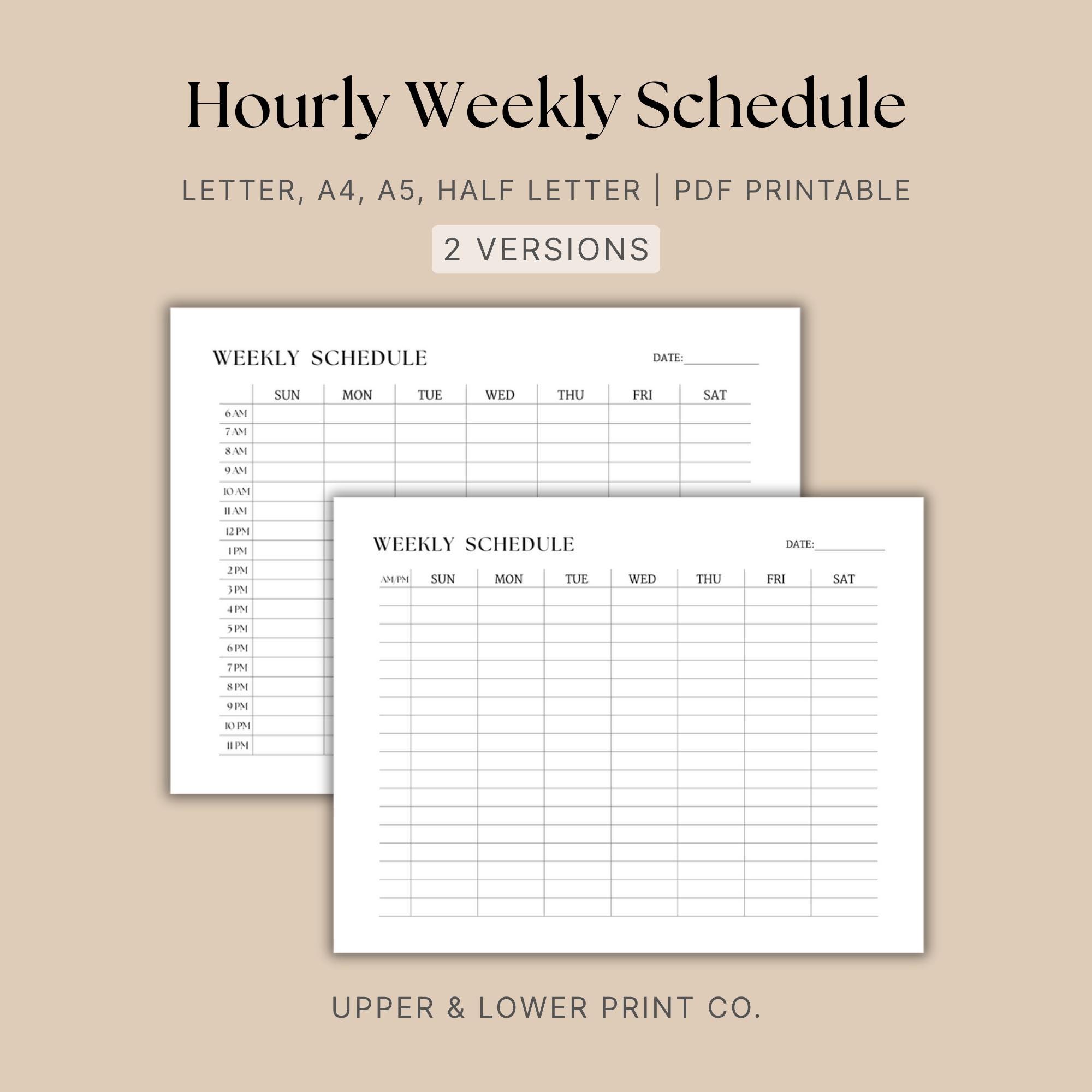 Simple Hourly Weekly Schedule, Weekly Planner, Week at a Glance, Weekly ...