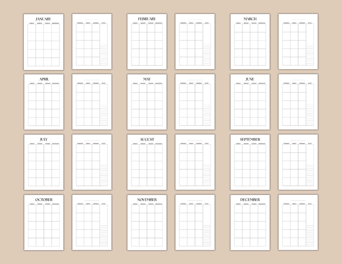 Simple Blank Monthly Calendar, Monthly Planner on Two Pages, Year ...