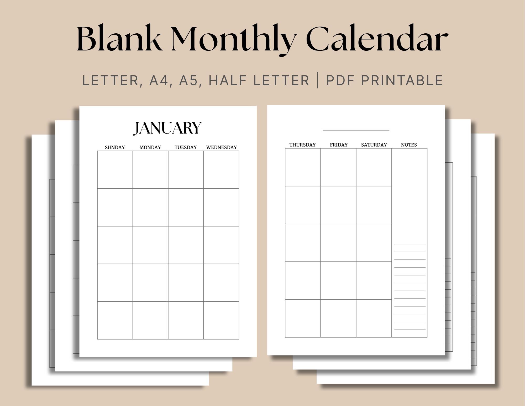 Simple Blank Monthly Calendar, Monthly Planner on Two Pages, Year ...