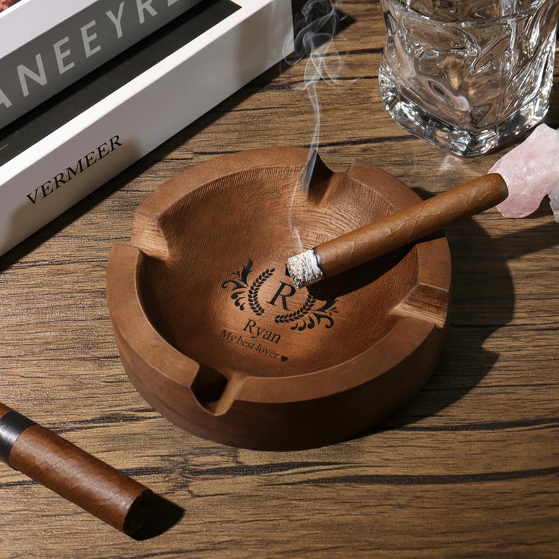 Personalized Cigar Walnut Wood Ashtray, Monogram Cigar Ash Tray, Great ...
