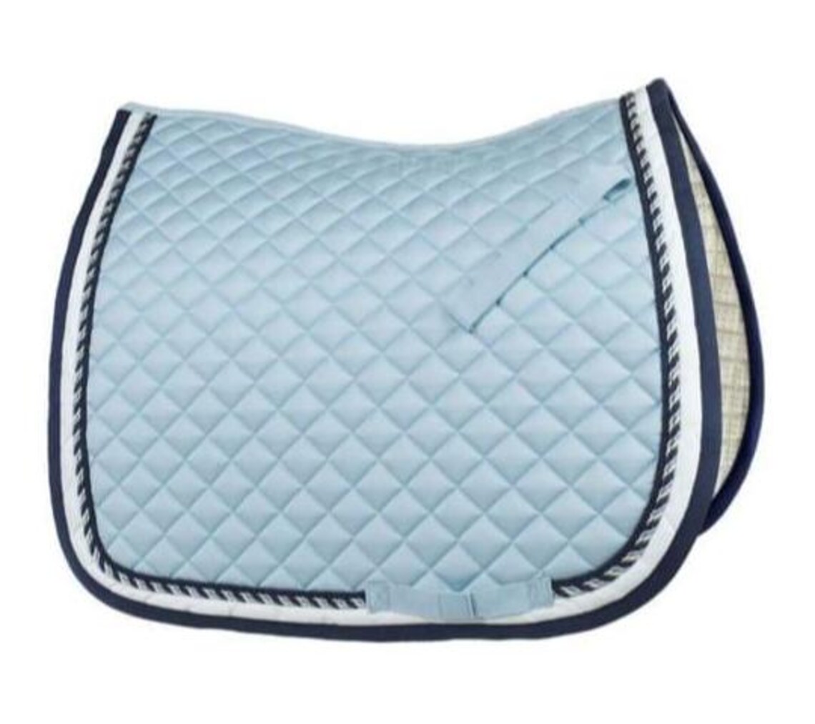 Quilted Horse Saddle Pad: Light Blue With Navy Trim, Breathable Cotton ...