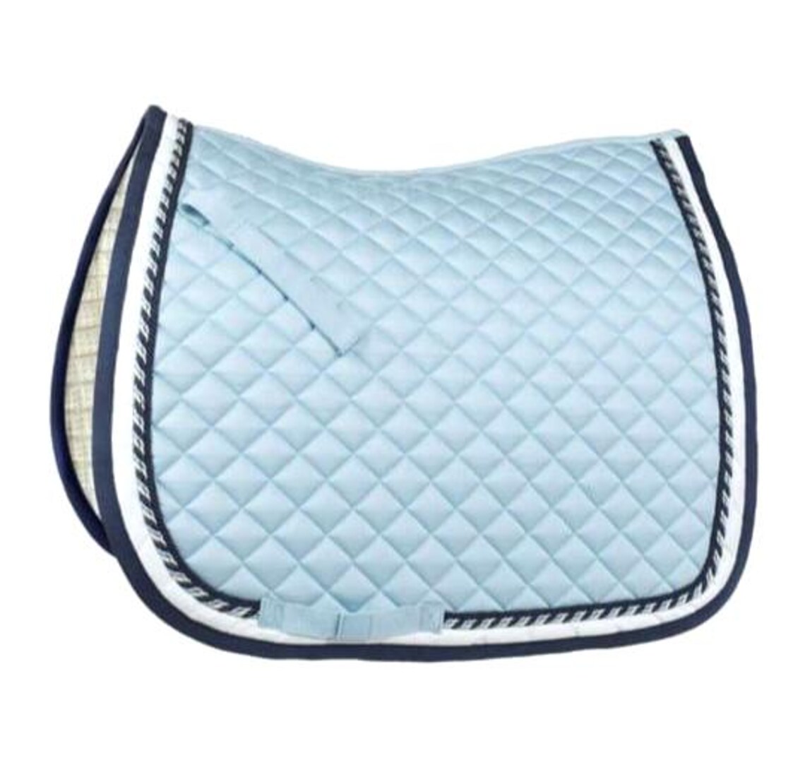 Quilted Horse Saddle Pad: Light Blue With Navy Trim, Breathable Cotton ...