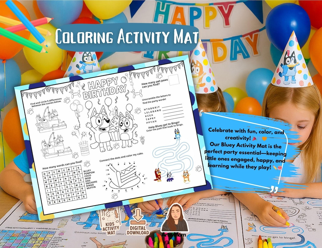 Bluey Birthday Activity Mat Printable – Coloring Page, Games & Puzzles ...
