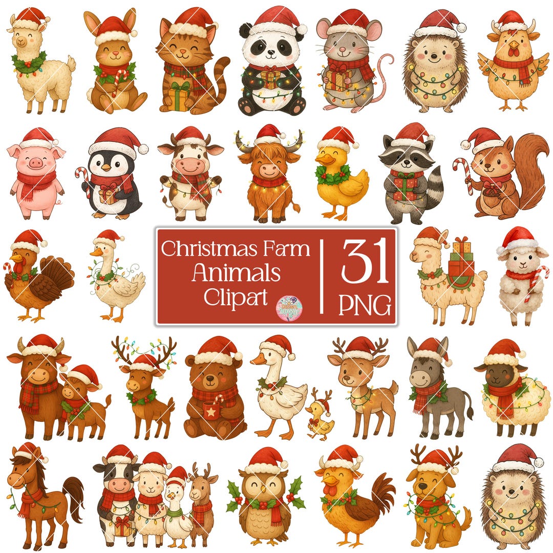 Christmas Farm Animals Clipart Bundle PNG, Cute Watercolor Animal ...