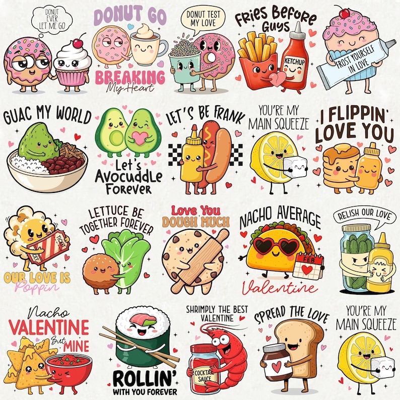 Funny Valentine Puns PNG Bundle, Cute Food Couple Clipart, Punny Love ...