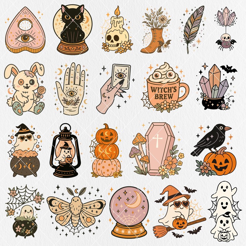 Trendy Halloween PNG Clipart Bundle, Retro Halloween Spooky Clipart ...