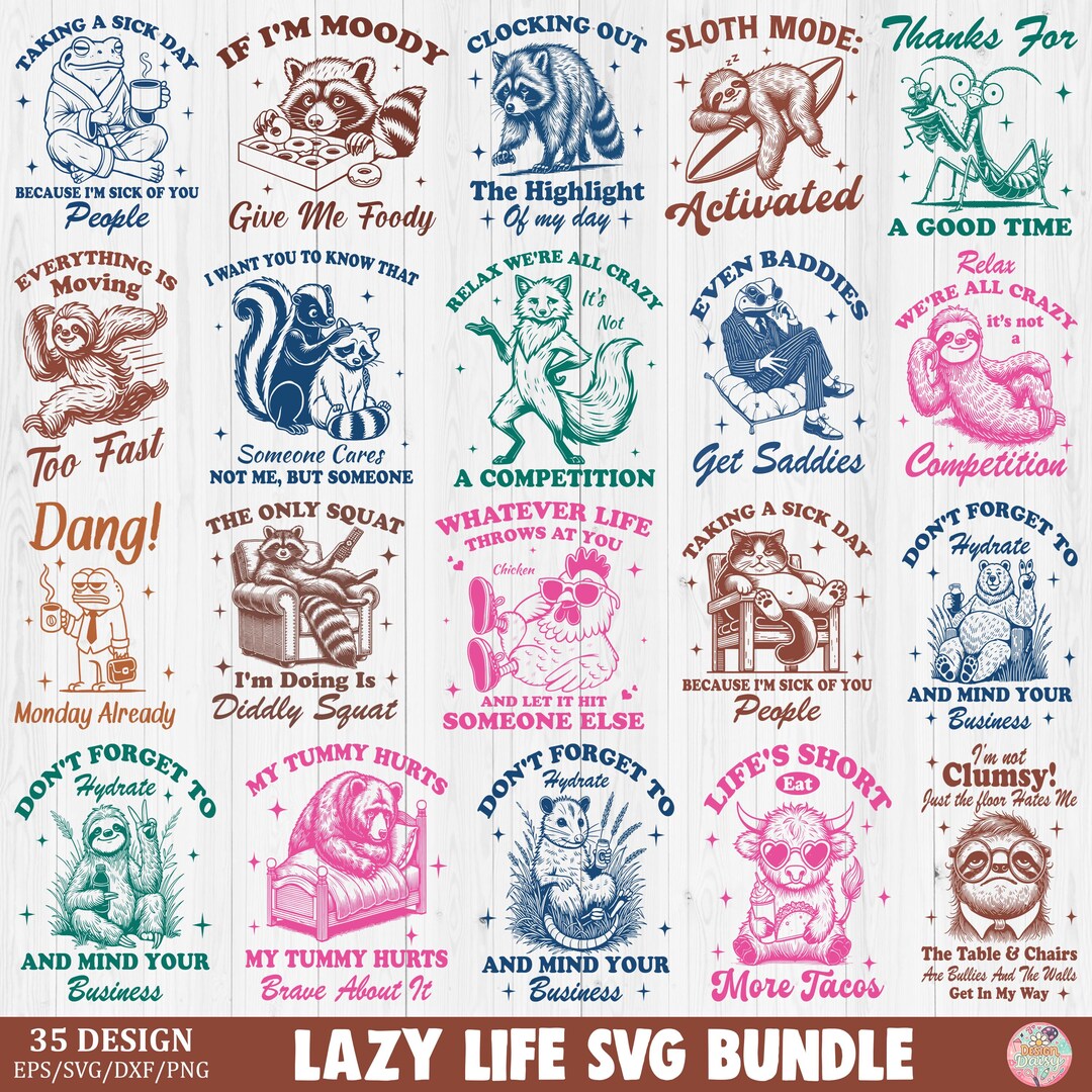 Cute Lazy Animals SVG Bundle, Cute Funny Lazy Life Design Sublimation ...