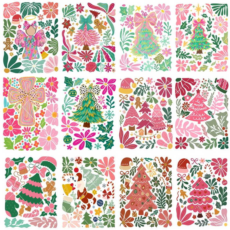 Boho Christmas Clipart Png Bundle, Festive Floral Holiday Designs ...